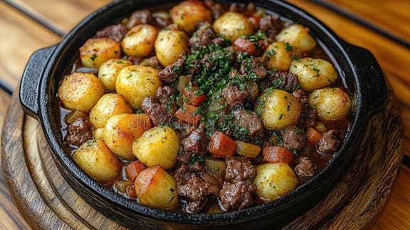 Rustic Beef Stew with Potatoes, Outdoor Setting Stock Illustration ...