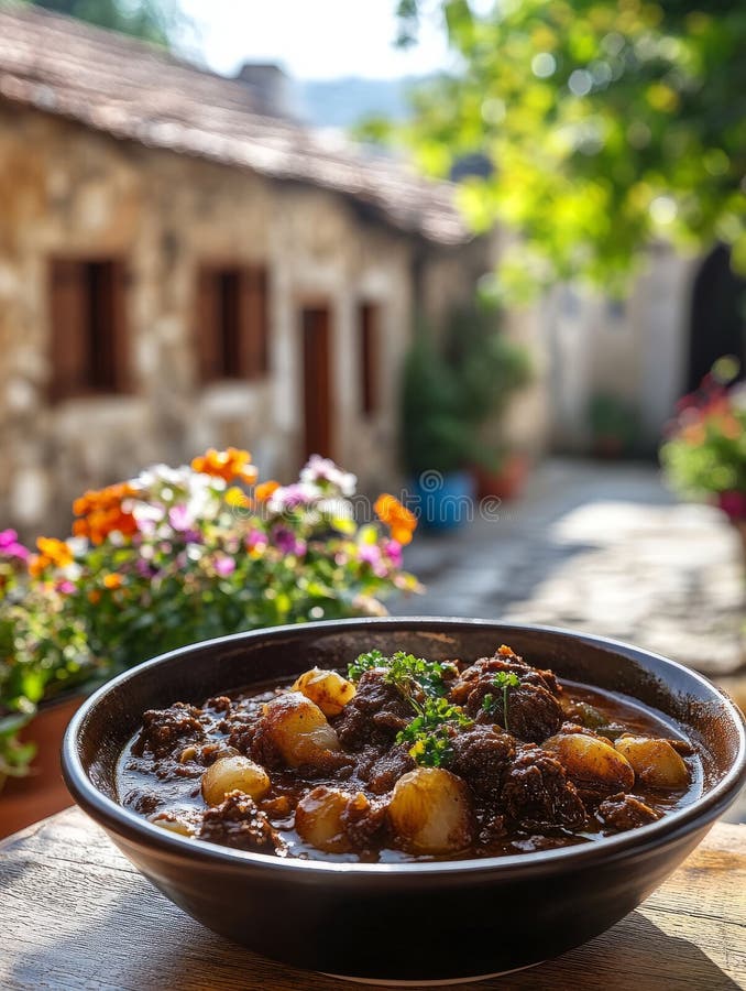 Rustic Beef Stew Served in a Bowl Outdoors. Stock Image - Image of ...