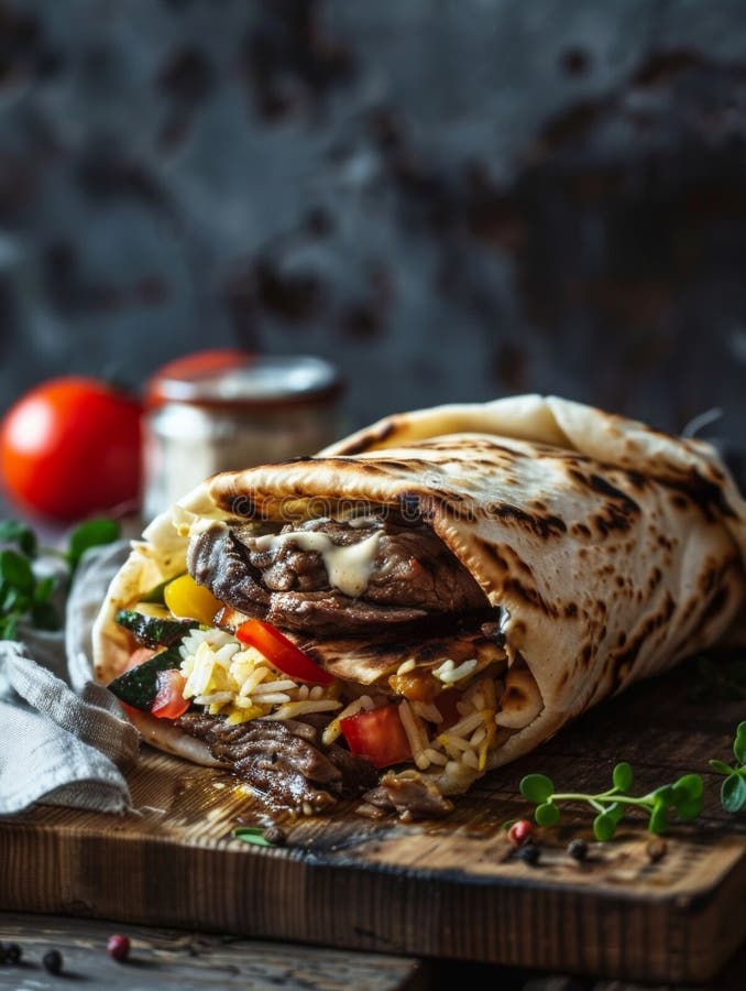 A Rustic Beef Wrap Filled with Sauteed Vegetables and Tender Meat ...