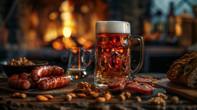 Rustic Beer and Sausage by Cozy Fireplace with Traditional Snacks and ...