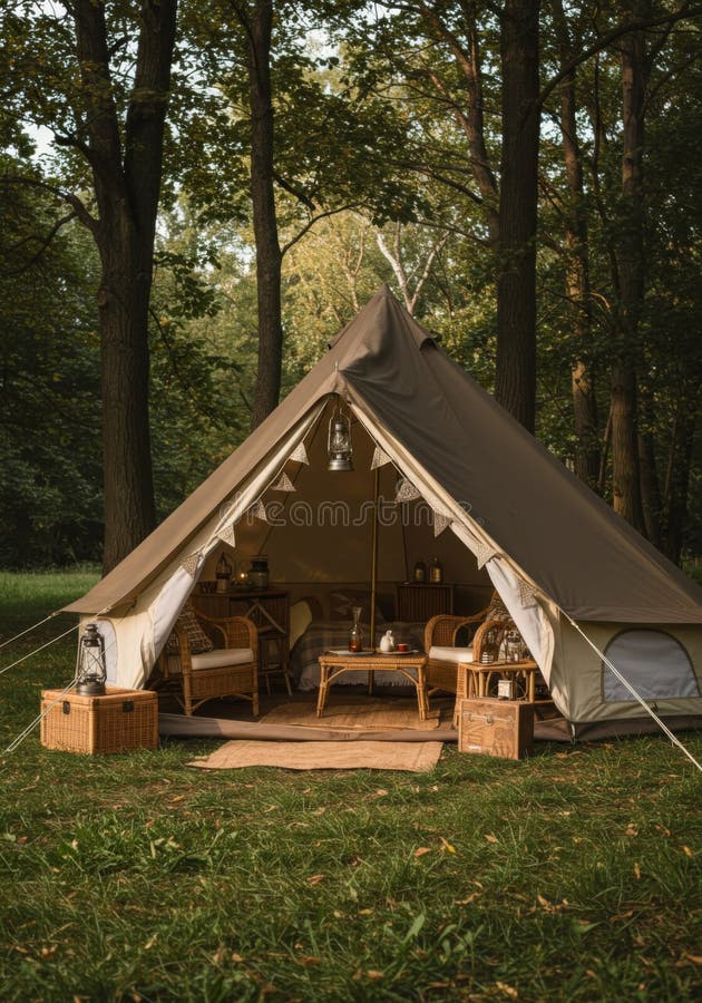Rustic Beige Canvas Tent in a Lush Green Forest Stock Illustration ...