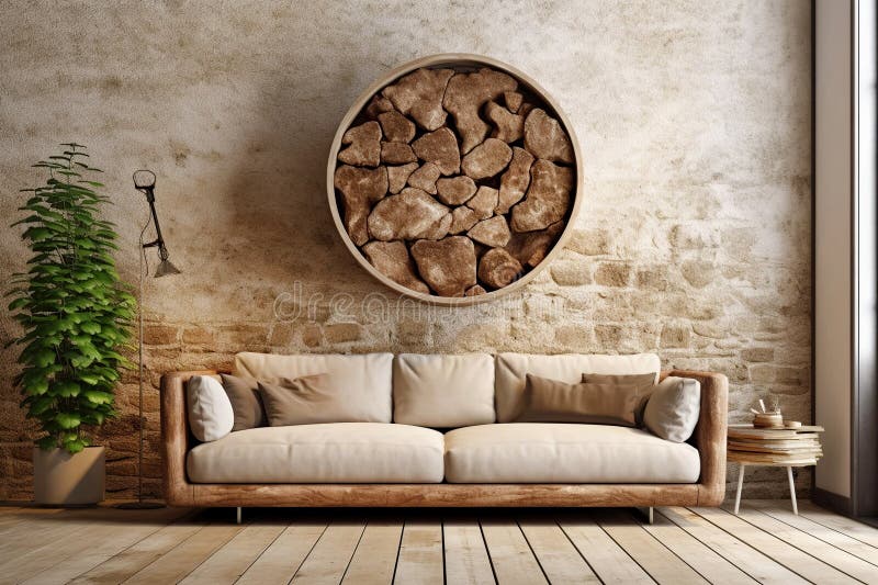 Rustic Beige Fabric Sofa Near Stone Cladding Wall with Decorative Round ...