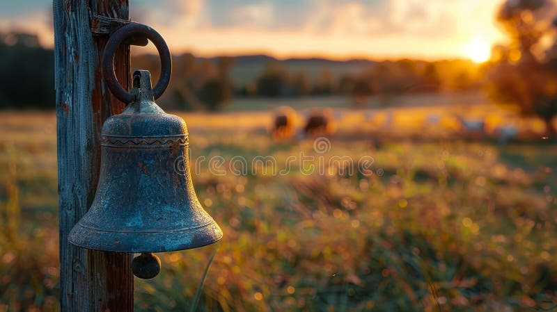Rustic Bell in a Field at Sunset with a Pastoral Background. Stock ...