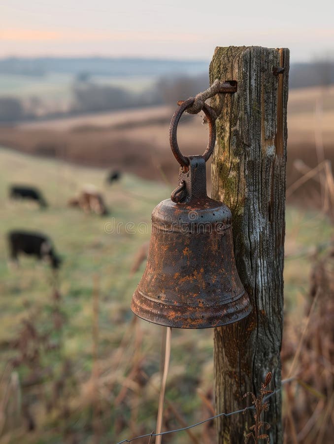 Rustic Bell on Wooden Post in Countryside with Grazing Cattle. Stock ...