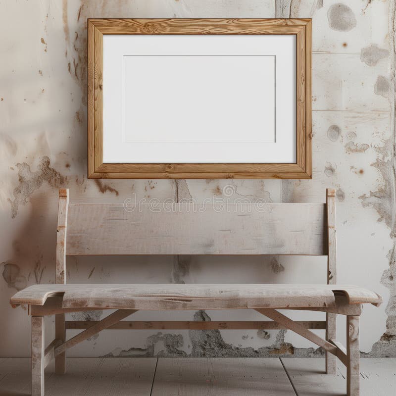 A Rustic Bench with a Blank Wooden Frame on a Distressed Wall. Stock ...