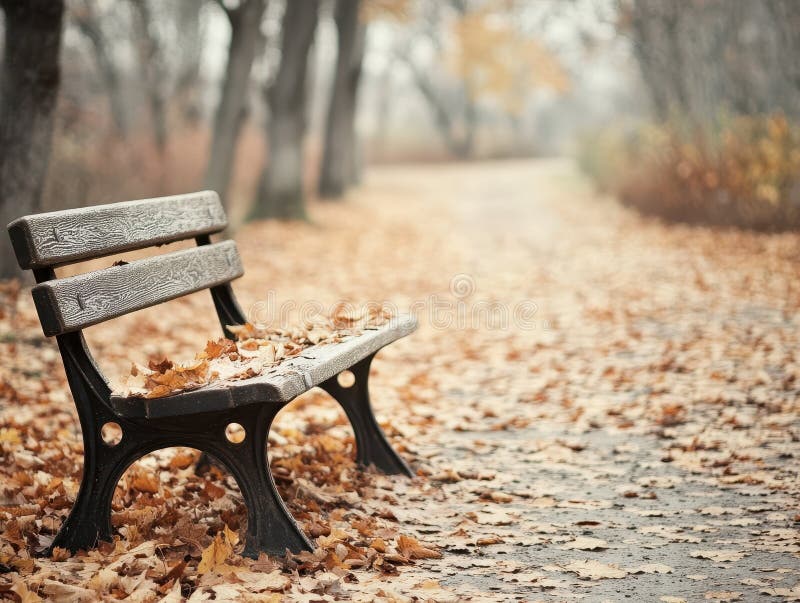Rustic Bench Covered with Leaves in Autumn Park Stock Image - Image of ...