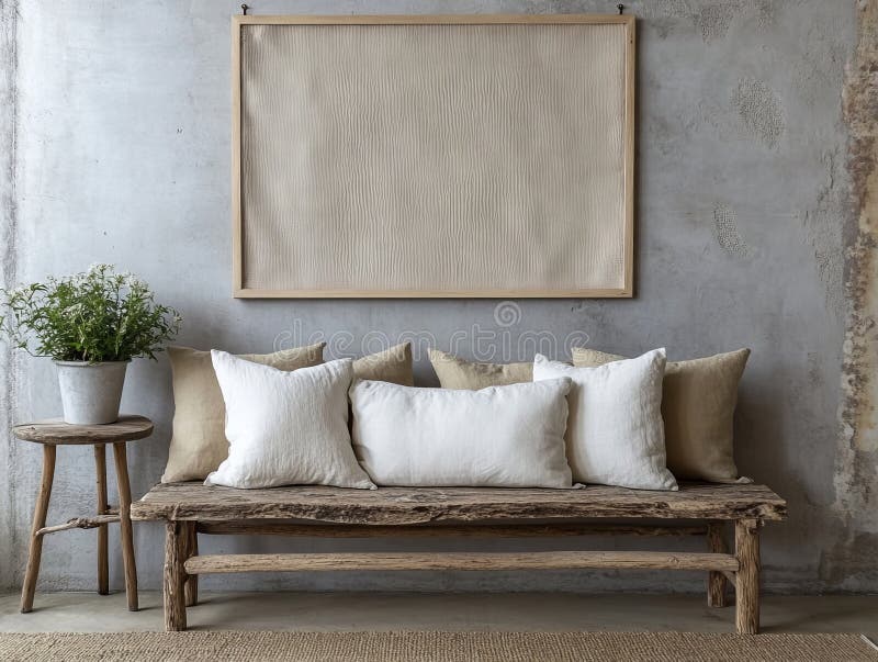 Rustic Bench with Cushions and Wall Art Decor Stock Illustration ...