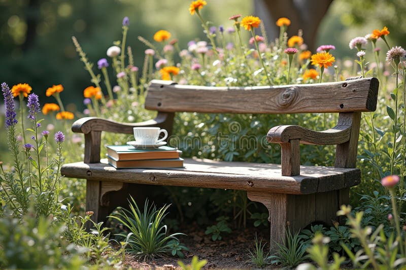 Rustic Bench in Flower Garden with Tea Cup and Books in Serene Sunshine ...