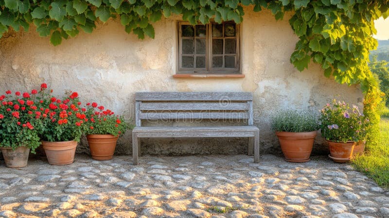 Rustic Bench with Flower Pots and Ivy Against Stone Cottage Stock Image ...