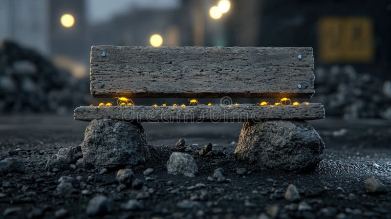 A Rustic Bench Illuminated by Soft Lights on a Gravel Background Stock ...