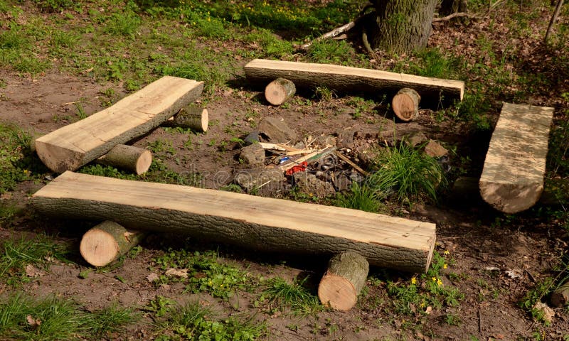 Rustic Bench Made of Halved Debarked Logs with Legs Made of Logs ...