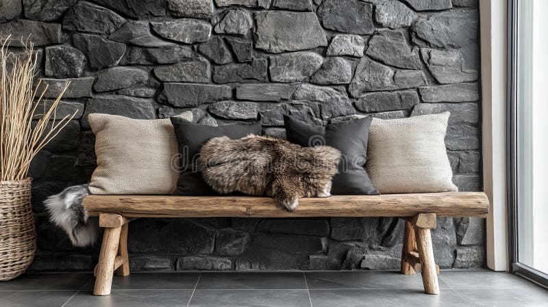 Rustic Bench with Pillows, Cozy Interior Design Element Stock ...