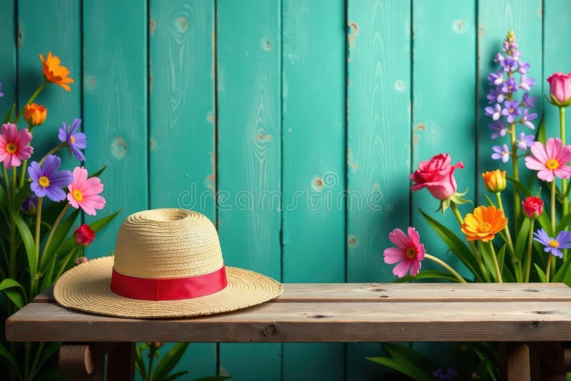 Rustic Bench, Straw Hat, Vibrant Spring Blooms , Flowers, Bench Stock ...