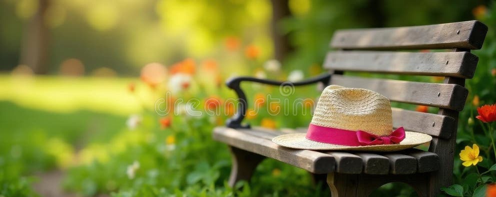 Rustic Bench, Straw Hat, Vibrant Spring Blooms , Sunlight, Rustic Stock ...