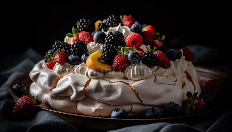 Rustic Berry Pavlova with Whipped Cream and Chocolate Decoration ...