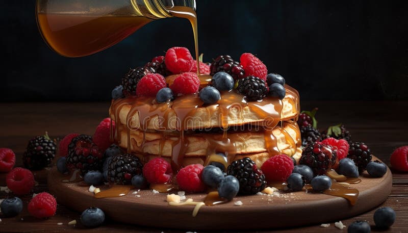 Rustic Berry Stack with Homemade Chocolate Sauce on Wooden Table ...