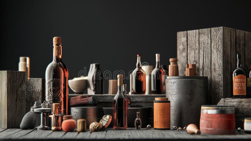 Rustic Beverage Bottles and Jars with Wooden Elements Stock Image ...