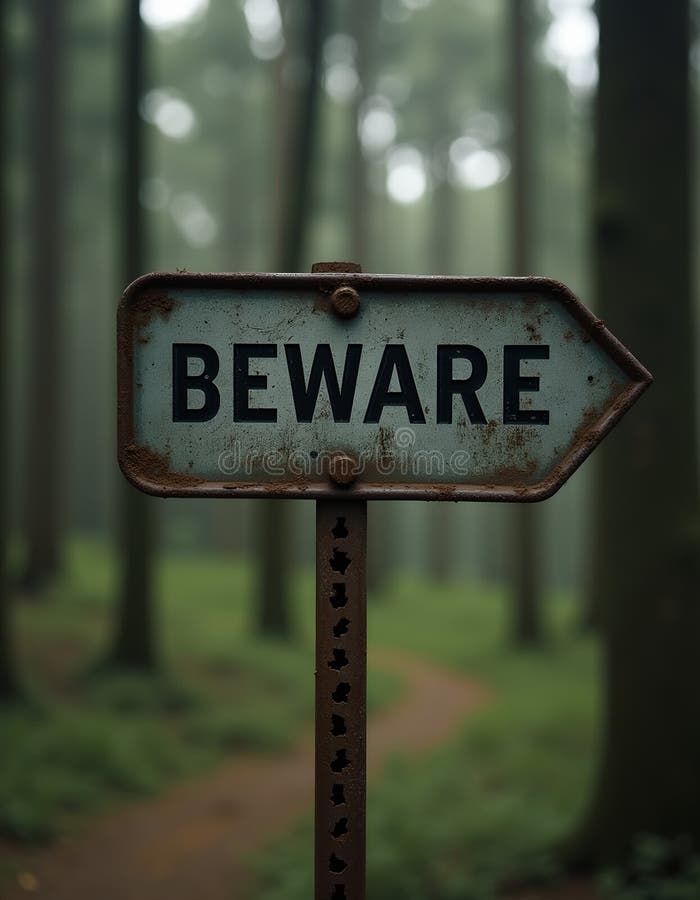 Rustic Beware Metal Sign Amidst Lush Forest Backdrop Stock Illustration ...