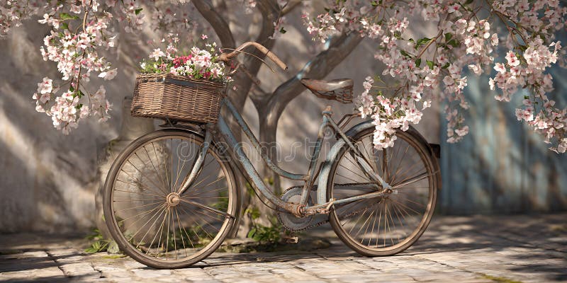 Rustic Bicycle with Blossom Basket Springtime Nostalgia Stock ...