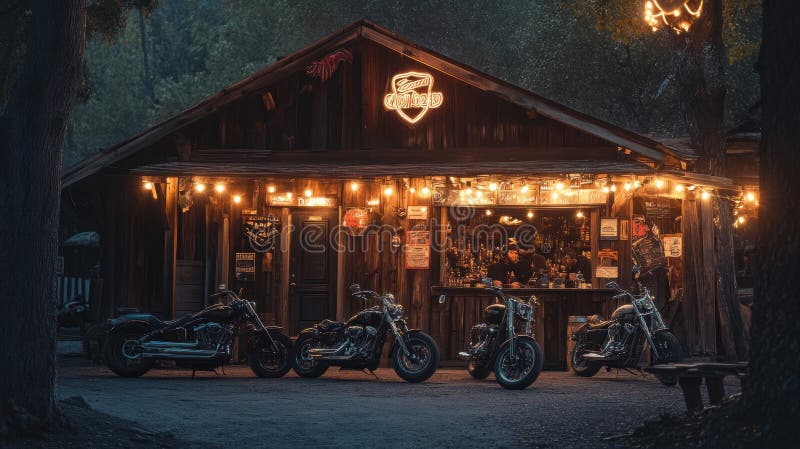 Rustic biker bar at night stock illustration. Illustration of bikes ...