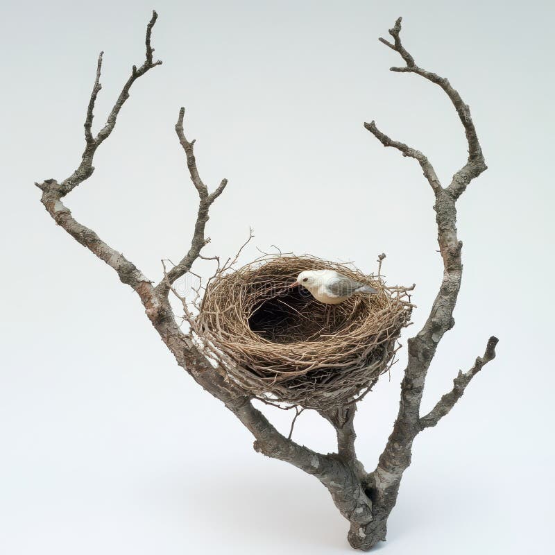 Rustic Bird Nest on Branch with White Bird Perched Stock Photo - Image ...