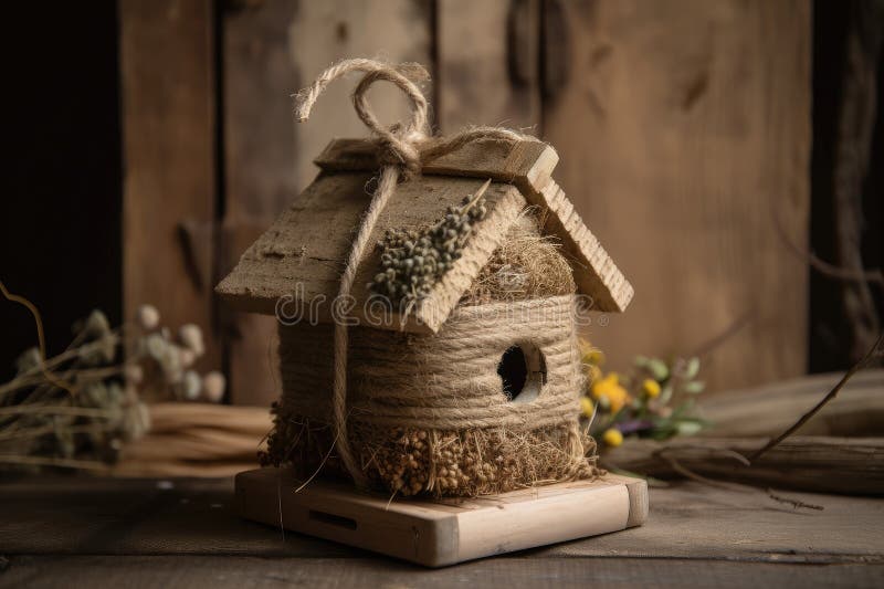 Rustic Birdhouse with Brown Twine and Natural Seed Mix Visible Stock ...