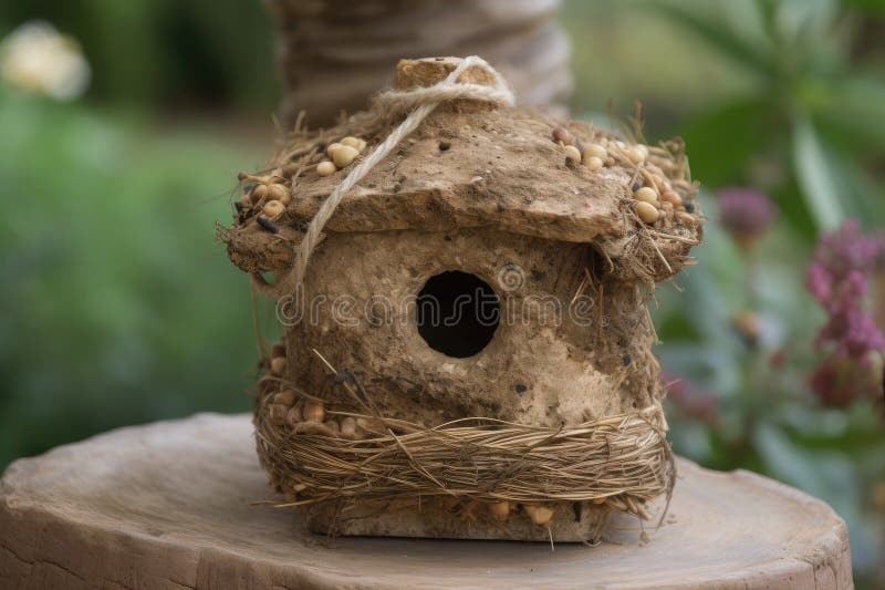 Rustic Birdhouse with Brown Twine and Natural Seed Mix Visible Stock ...
