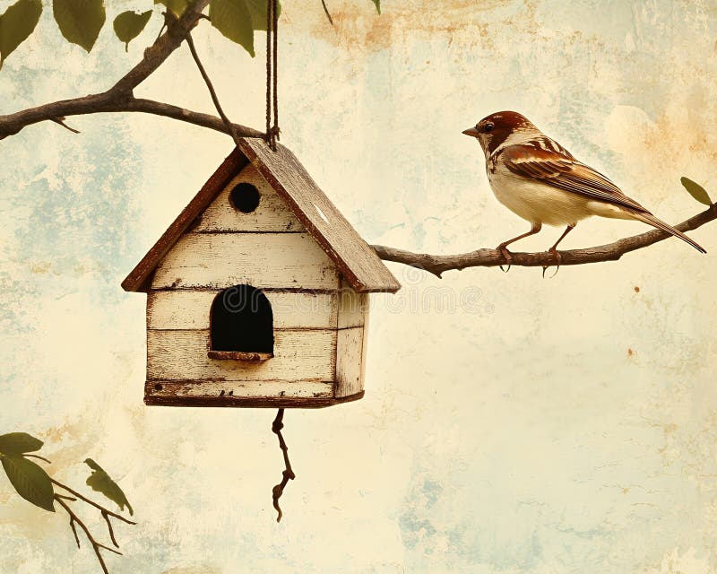 Rustic Birdhouse Sparrow Spring Branch Nature Scene Wildlife Stock ...