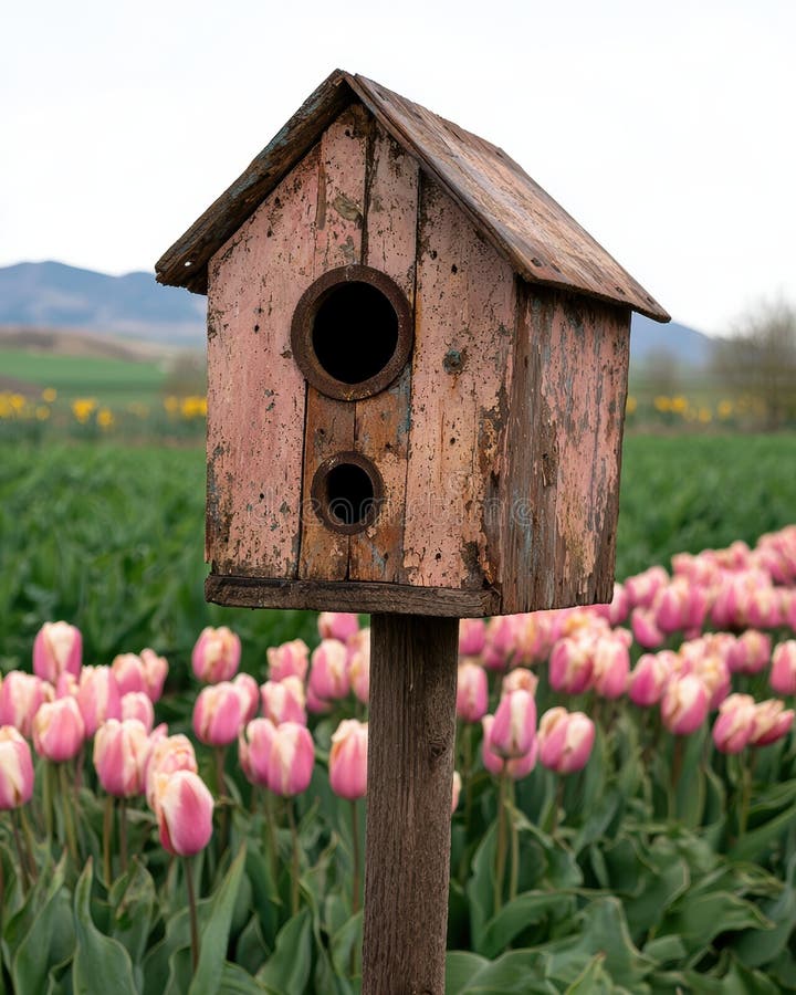 Birdhouse Surrounded by Lush Greenery and Flowers Stock Illustration ...