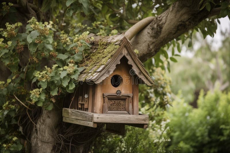 Rustic Birdhouse in Tree, Surrounded by Lush Greenery Stock Image ...