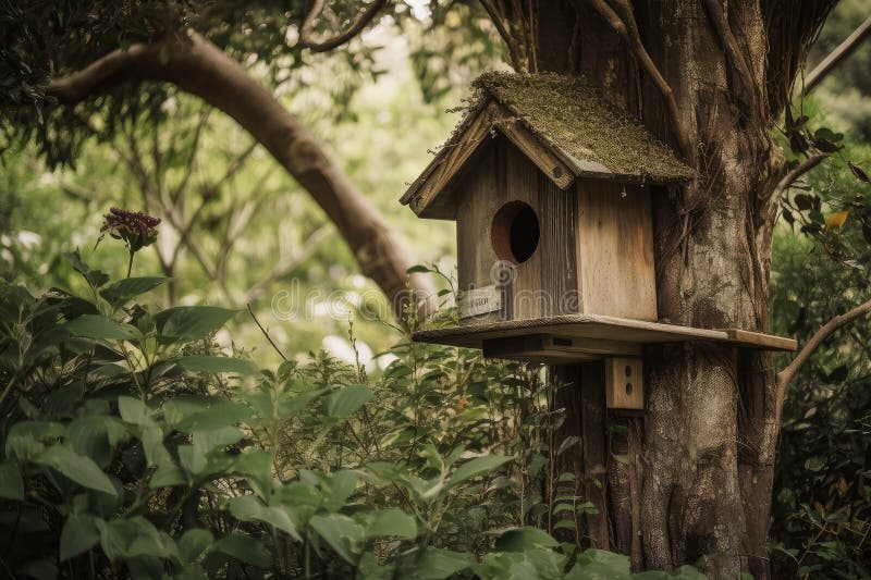 Rustic Birdhouse in Tree, Surrounded by Lush Greenery Stock ...