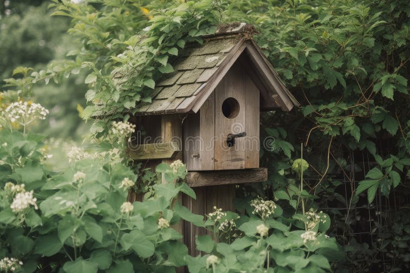Rustic Birdhouse in Tree, Surrounded by Lush Greenery Stock ...