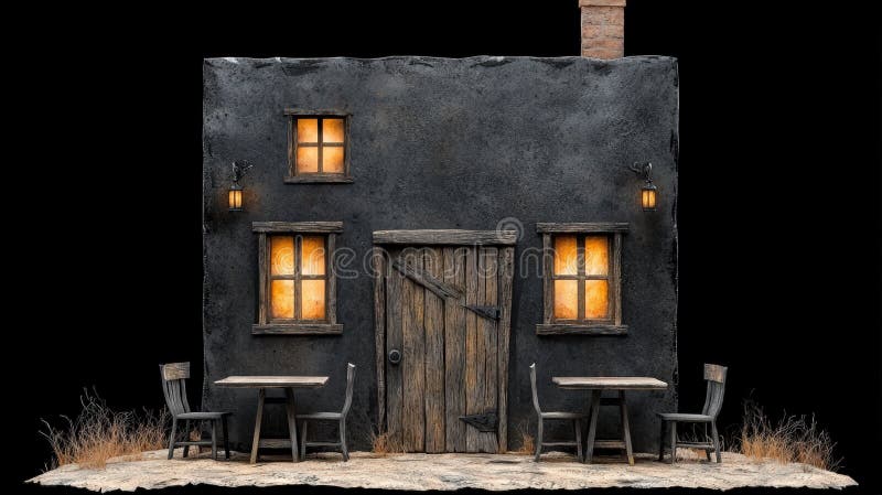 A Rustic Black Cottage with Warm Glowing Windows Isolated on a White ...