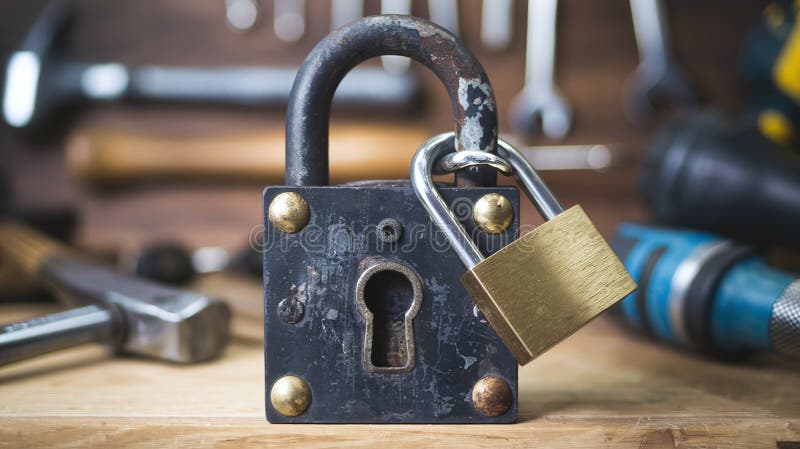 Rustic Black Padlock with Brass Lock on Wooden Table in Workshop with ...