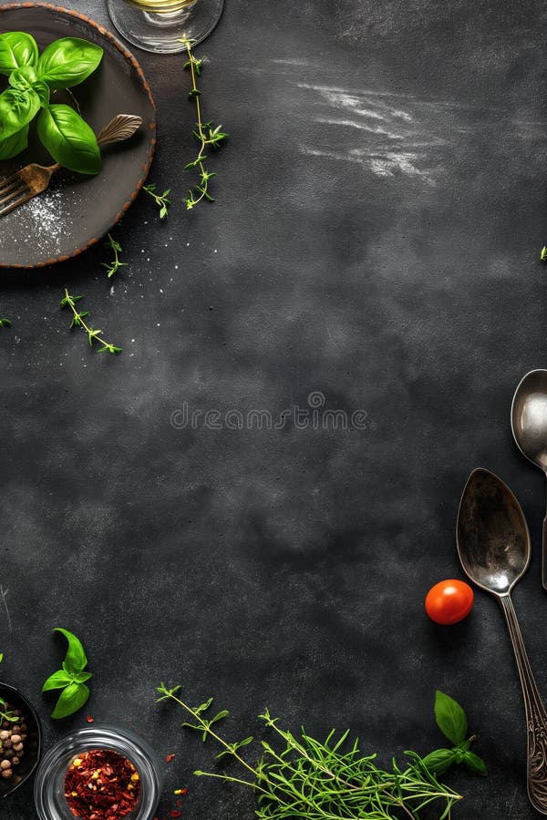 Rustic Black Table Setting with Fresh Herbs and Spices for Italian ...