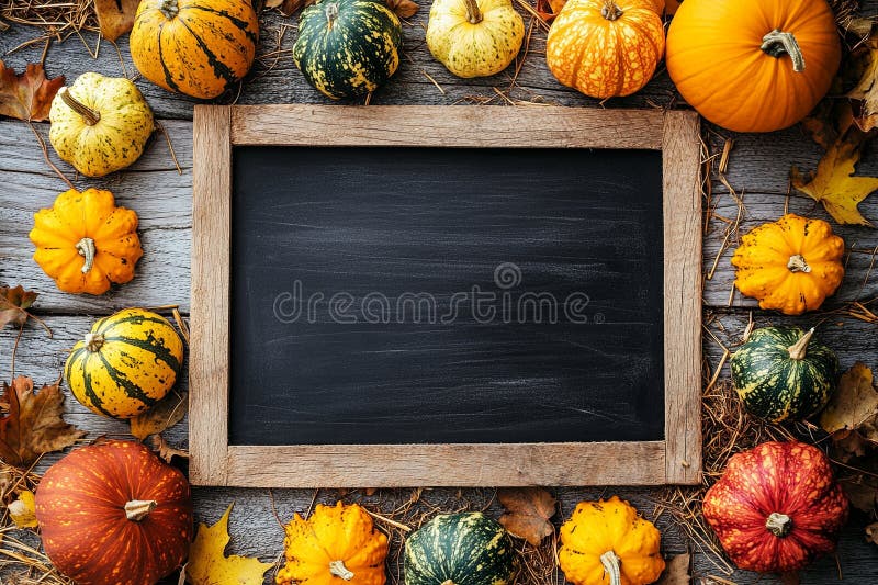 Rustic Blackboard Mockup with Colorful Fall Gourds High Quality. Stock ...