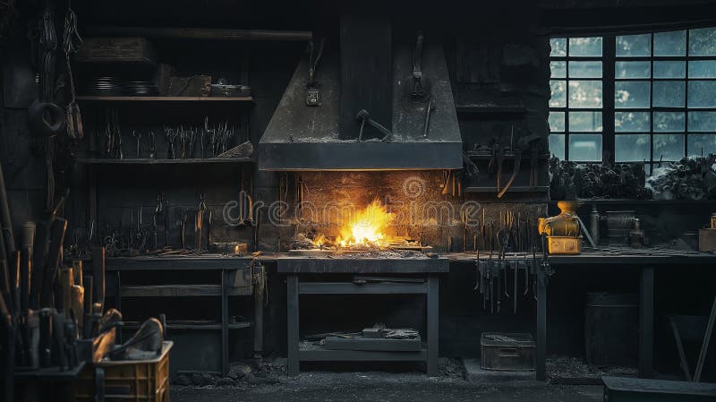 Rustic Blacksmith Workshop with Glowing Forge, Anvil, and Tools in Dark ...