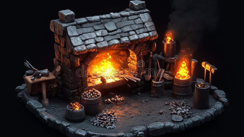 A Rustic Blacksmithing Forge with Glowing Coals, Anvils, and Hammers ...