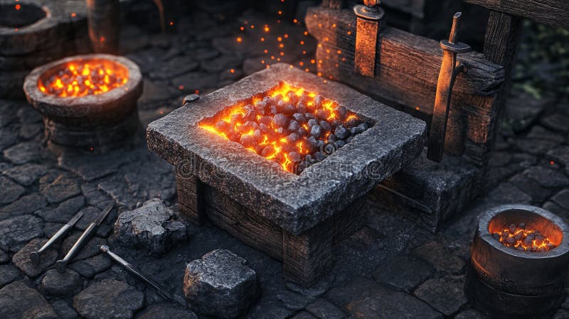 A Rustic Blacksmithing Forge with Glowing Coals, Anvils, and Hammers ...