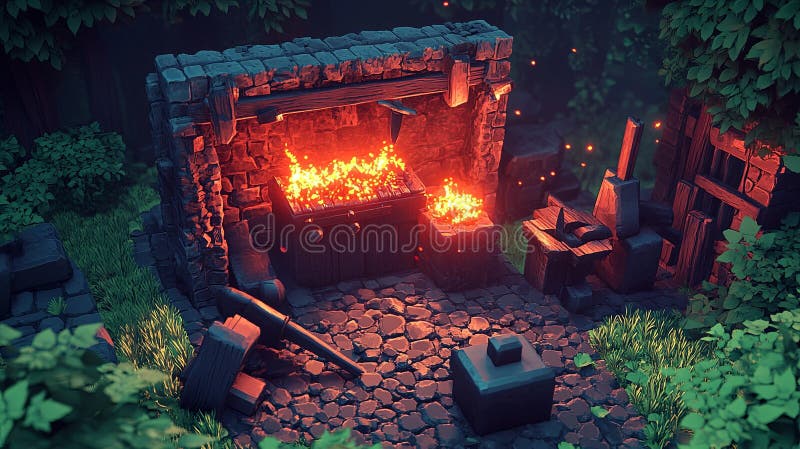 A Rustic Blacksmithing Forge with Glowing Coals, Anvils, and Hammers ...