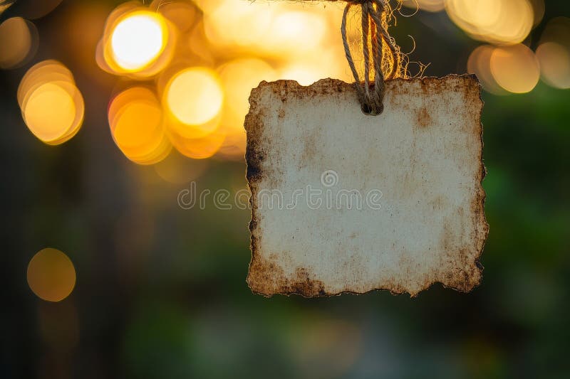 Rustic Blank Paper Tag Hanging with String and Bokeh Background Stock ... Rustic Blank Paper Tag Hanging with String and Bokeh Background Stock ...