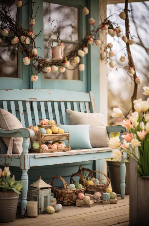 Pastel Easter Eggs on Rustic Porch Bench Stock Illustration ...
