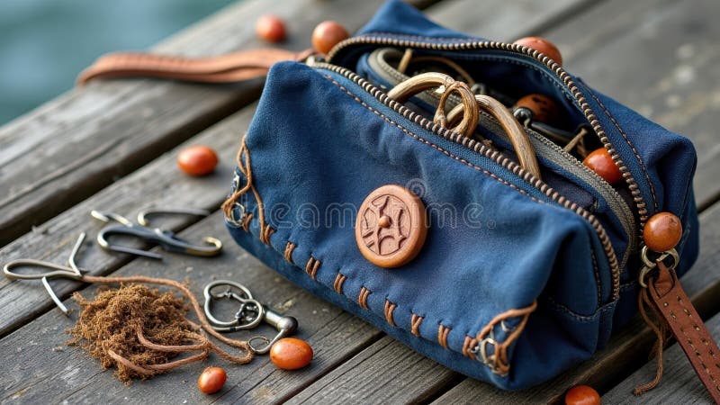 Rustic Blue Canvas Bag with Leather Details on Wooden Table Stock Image ...