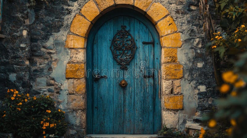 Rustic Blue Door Stone Archway Yellow Accents Stock Illustration ...