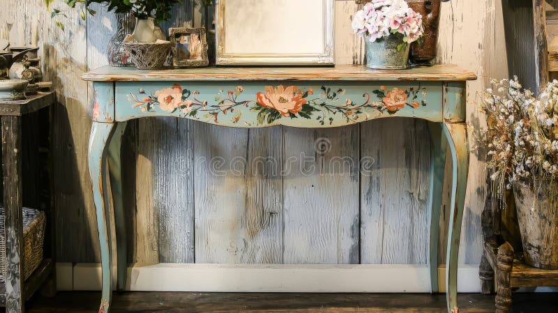 Rustic Blue Floral Console Table with Distressed Finish Stock ...