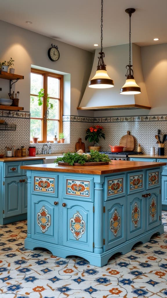 Rustic Blue Kitchen with Decorative Island and Vintage Tile Flooring ...