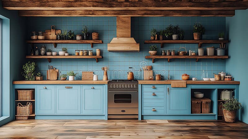 Rustic Blue Kitchen Interior Design, Wood Shelving, Plants, Natural ...