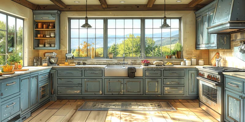 Rustic Blue Kitchen with Large Windows and Scenic View Stock Photo ...