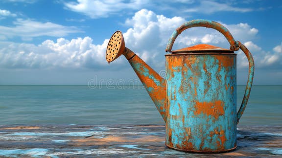 Rustic Blue and Orange Watering Can on a Beach Stock Illustration ...