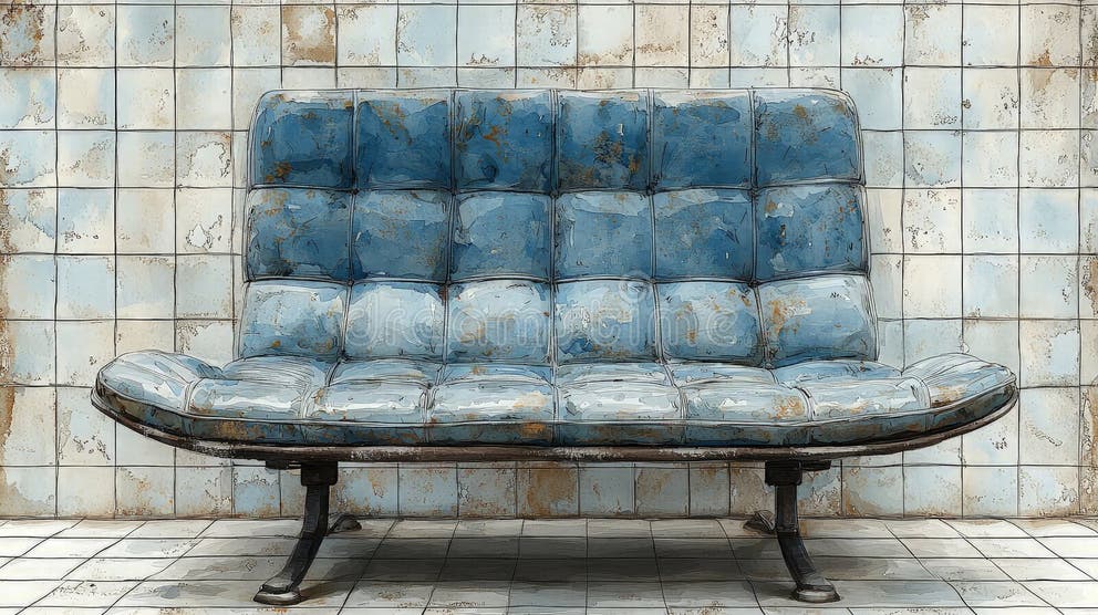 Rustic Blue Sofa, Tiled Wall, Waiting Area, Interior Design Stock Image ...